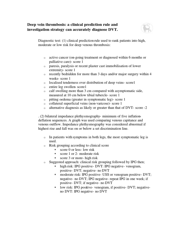 Wells Score Deep Vein Thrombosis | PDF