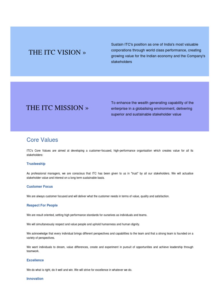 The Itc Vision : Core Values | PDF | Strategic Management | Stakeholder ...