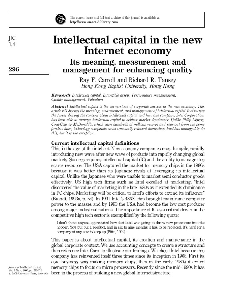 Intellectual Capital in The New Internet Economy: Its Meaning, Measurement and Management For ...