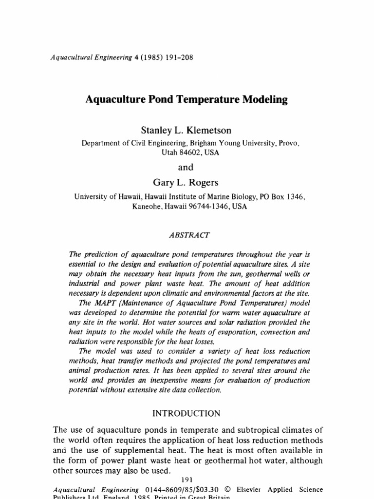 Klemetson 1985 Aquacultural-Engineering | PDF | Water Heating | Heat