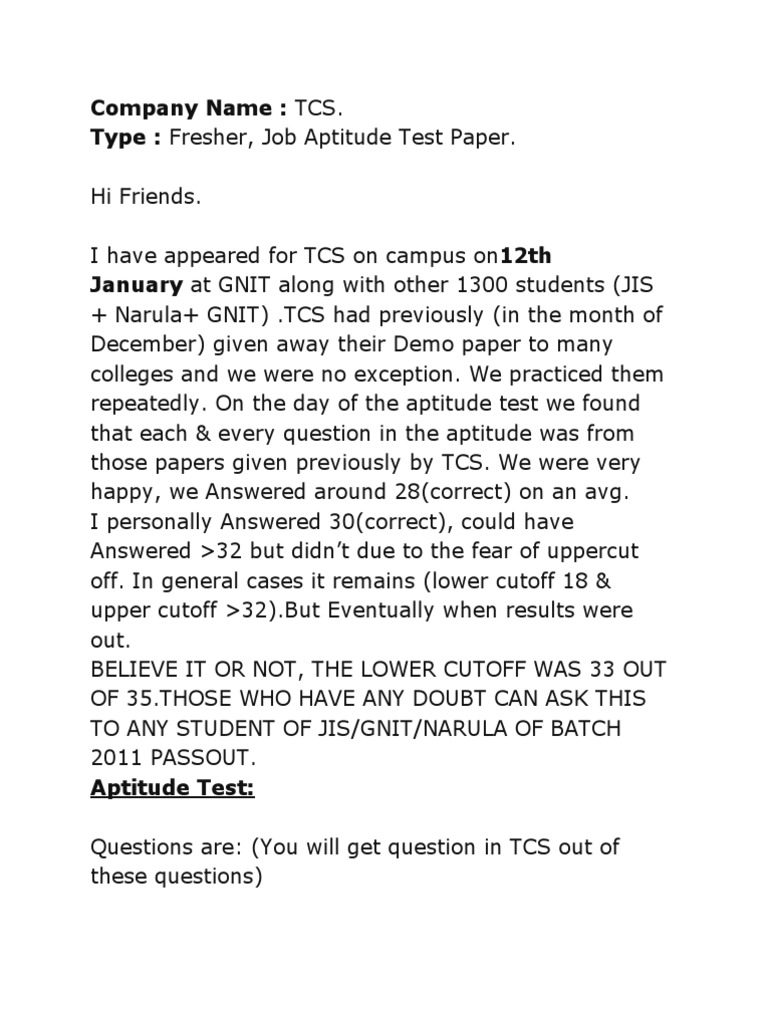 Company Name: TCS. Type: Fresher, Job Aptitude Test Paper | PDF ...
