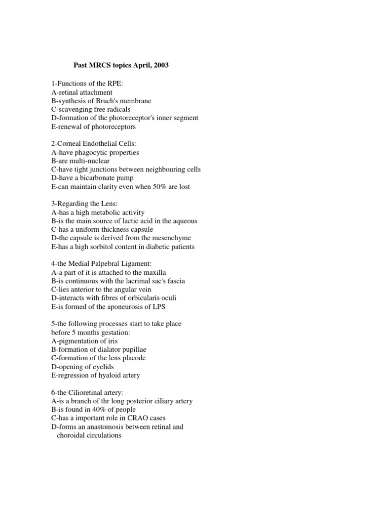 Past MRCS Topics | PDF | Cornea | Human Head And Neck