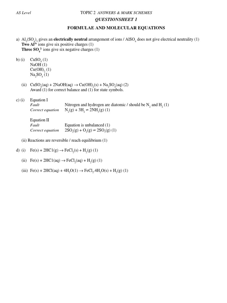 AS Chemistry Answer Sheet 02 Ans | PDF | Mole (Unit) | Molecules