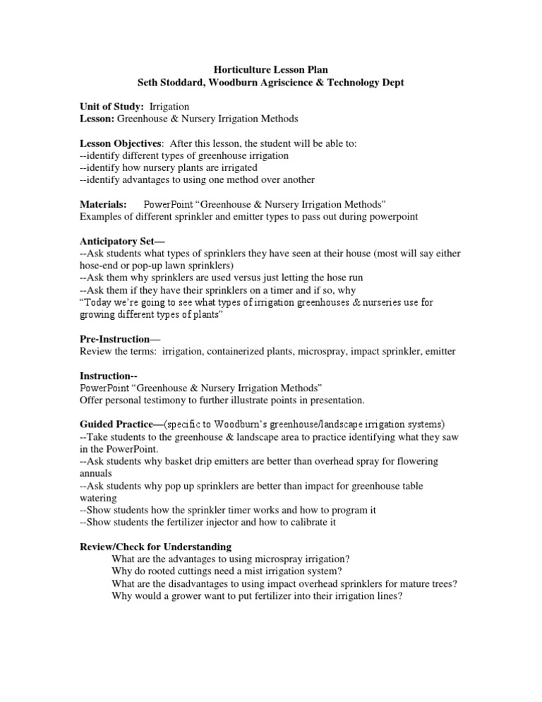 Irrigation Lesson Plan | PDF | Irrigation | Intensive Farming