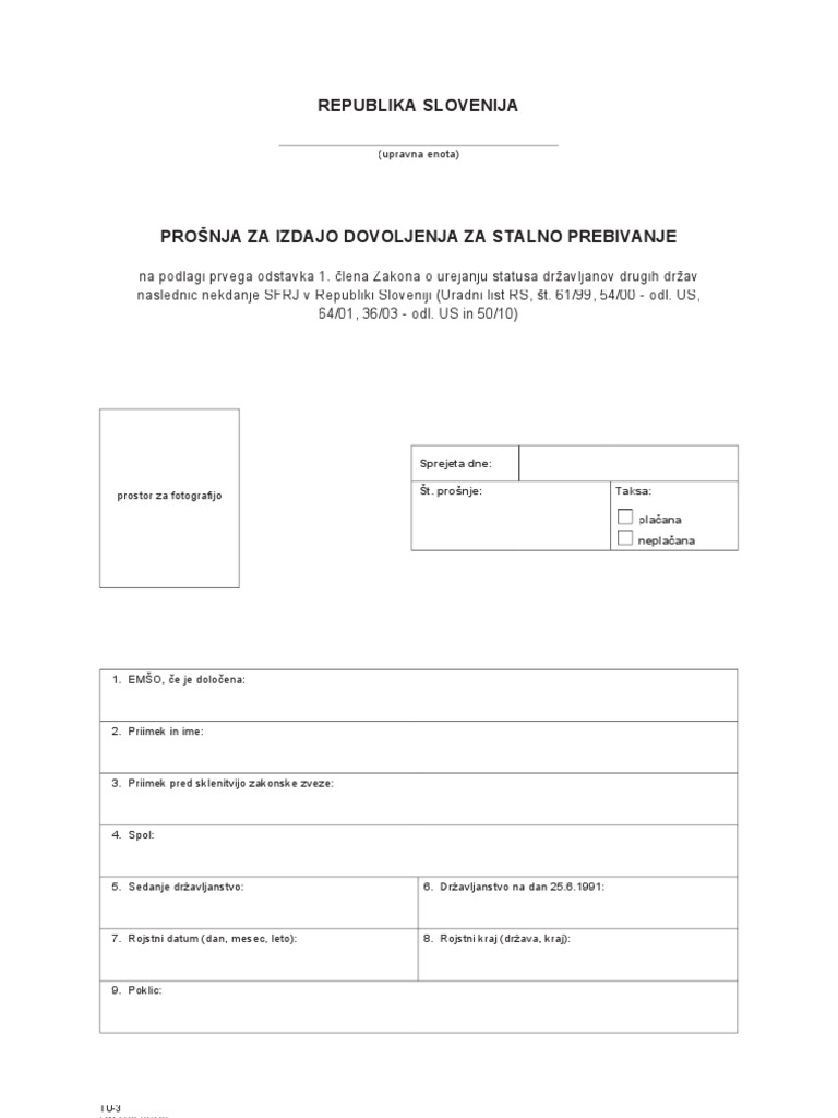Prosnja Za Izdajo Dovoljenja Za Stalno Prebivanje | PDF