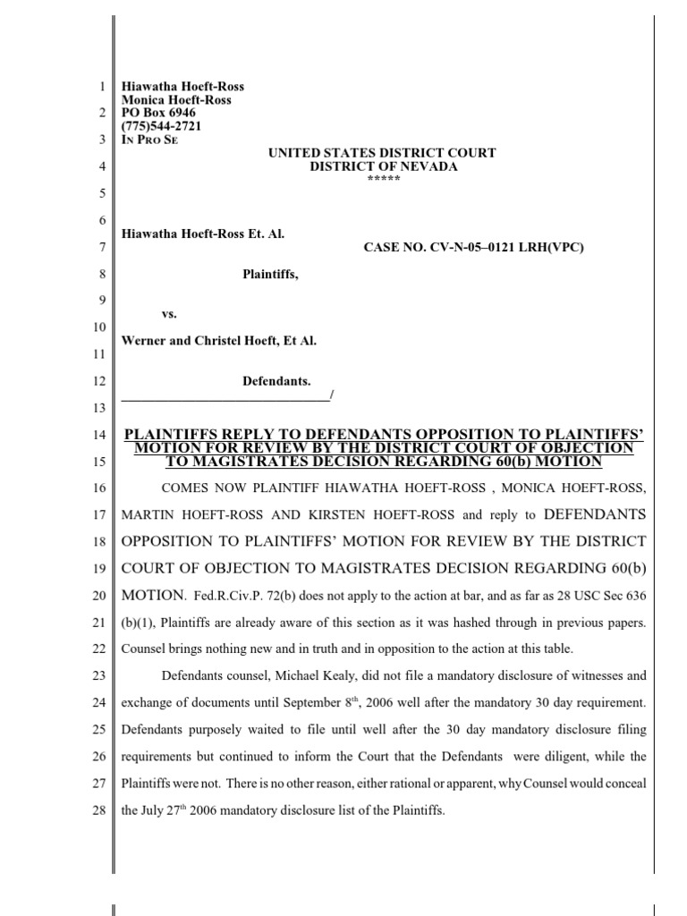 Plainitffs Reply Defendant's Opposition To Motion For Review of 60 (B) Motion | PDF | Discovery ...