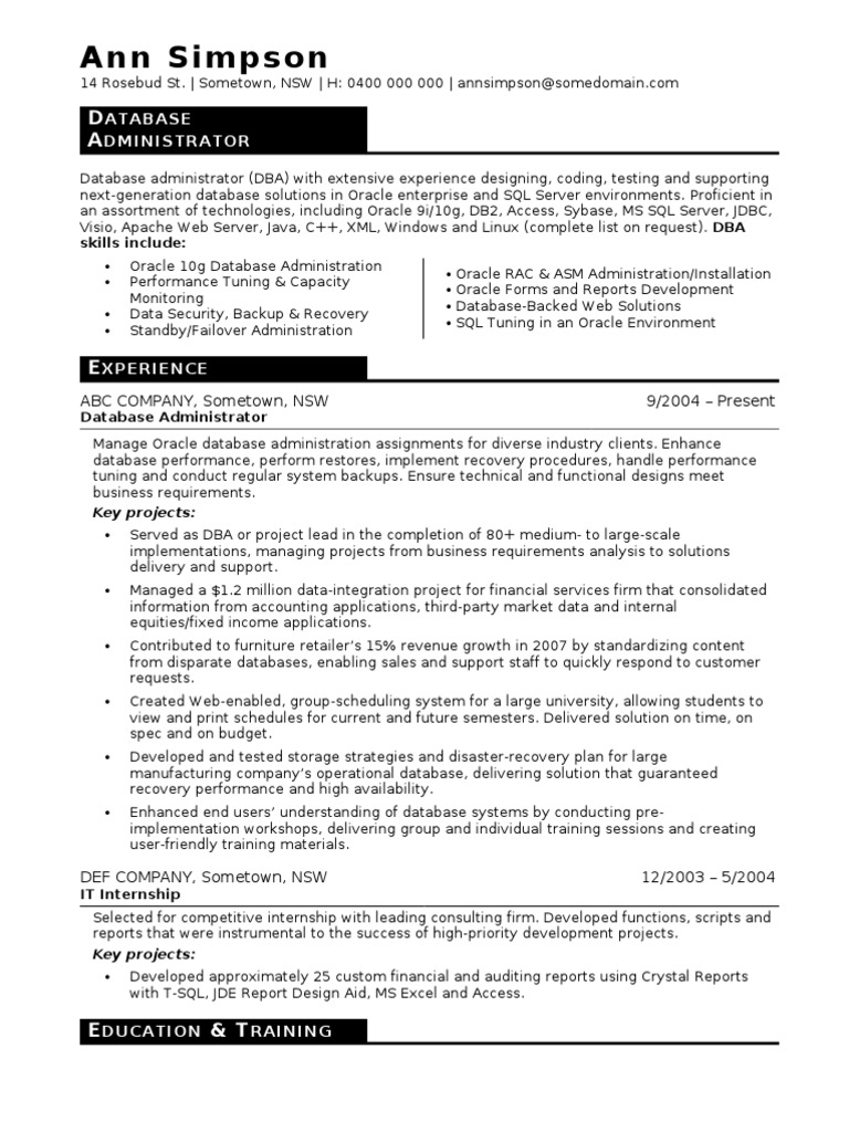 2 Database Administrator Cv Template Pdf Oracle Database Databases