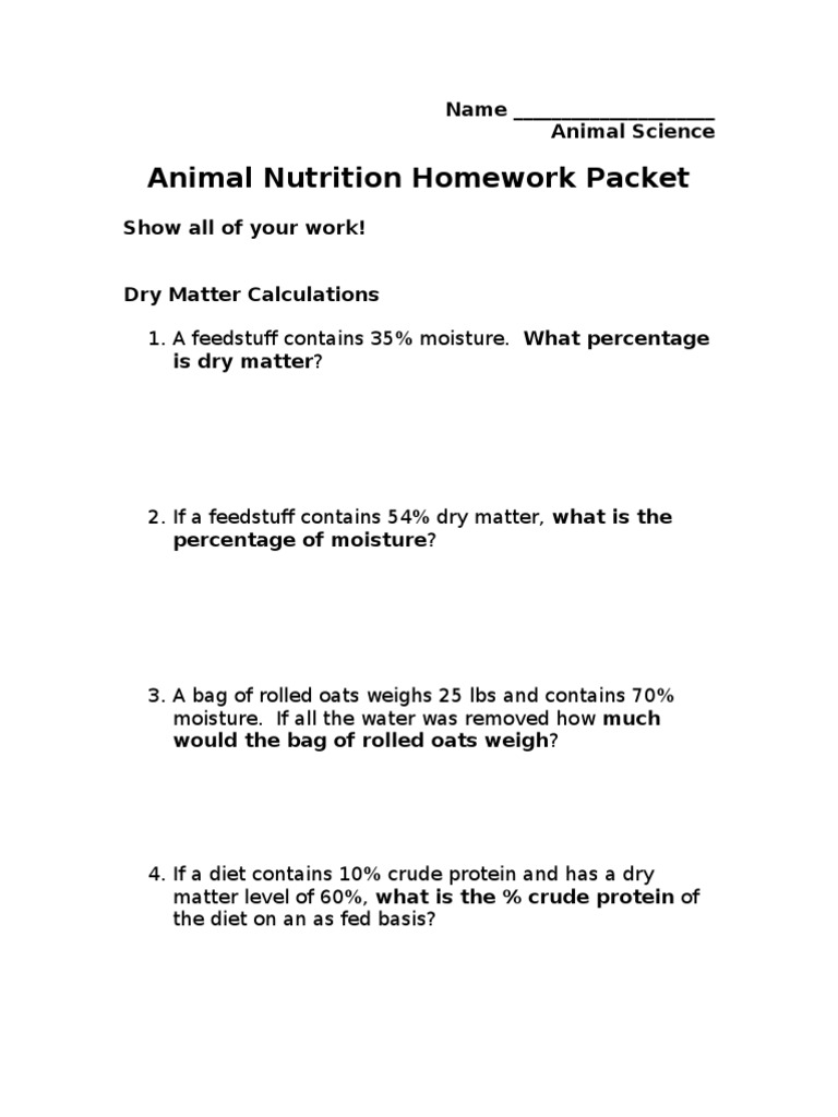 Animal Nutrition Homework Packet | PDF | Wellness