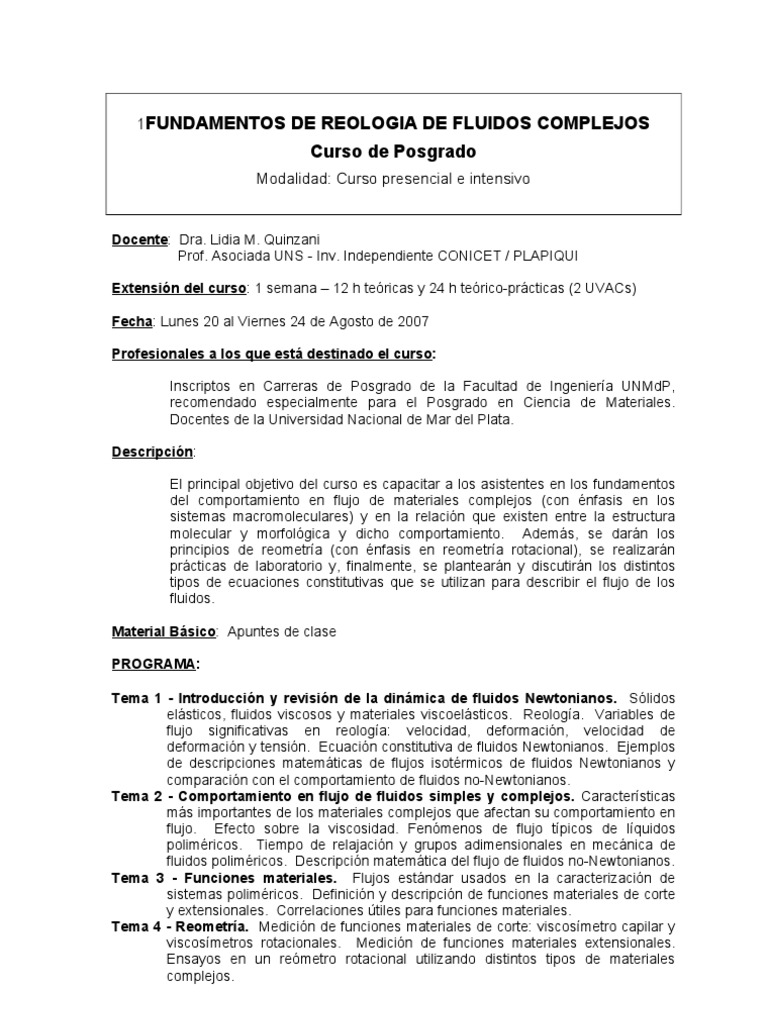 Curso Reologia de Fluidos Complejos | PDF | Reología | Fluido