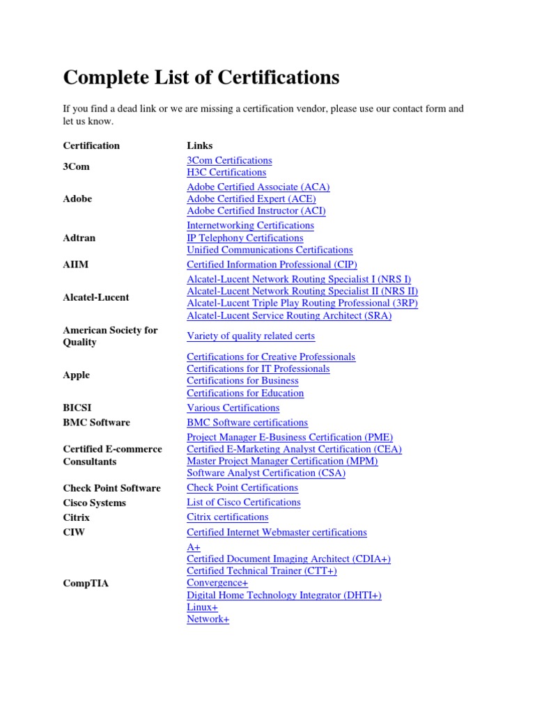 Complete List of Certifications | PDF | Comp Tia | Professional ...