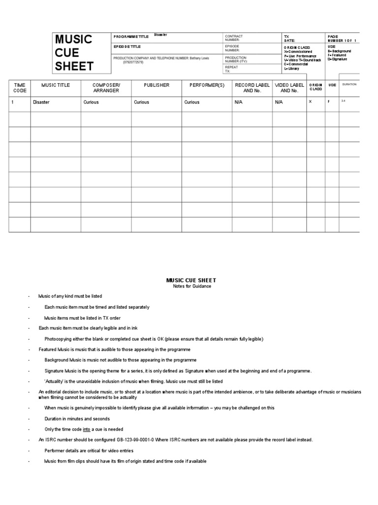 Music Cue Sheet | PDF