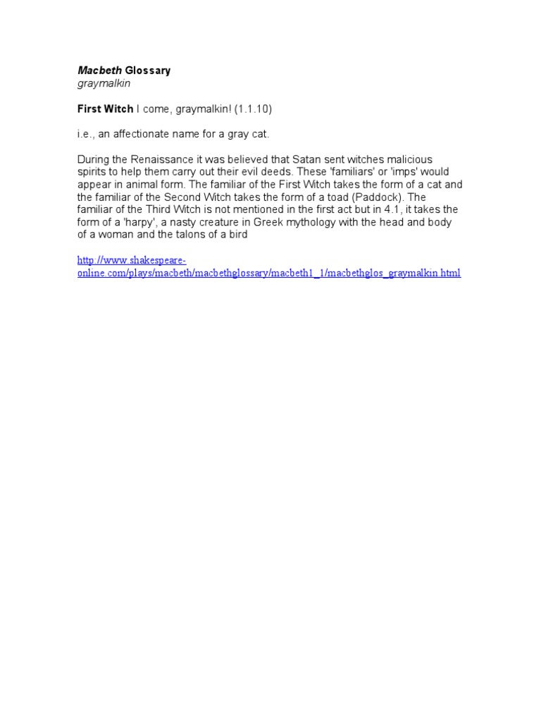 First Witch I Come, Graymalkin! (1.1.10) | PDF | Young Adult