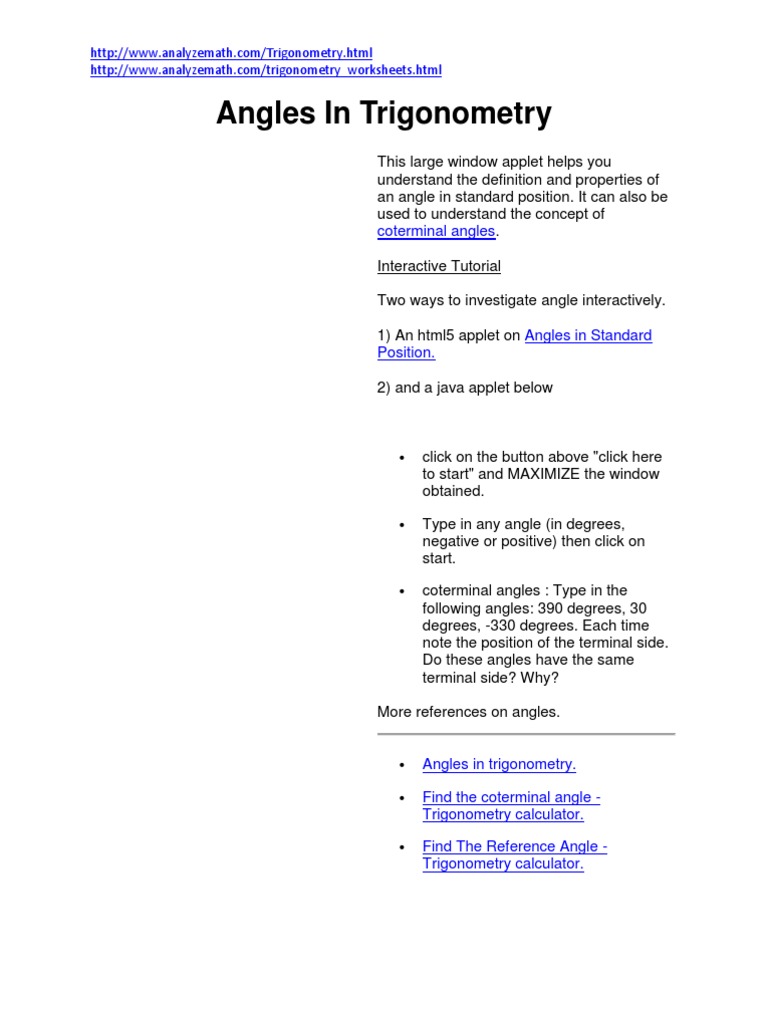 Angles in Trigonometry - Angle PDF | PDF | Angle | Trigonometry