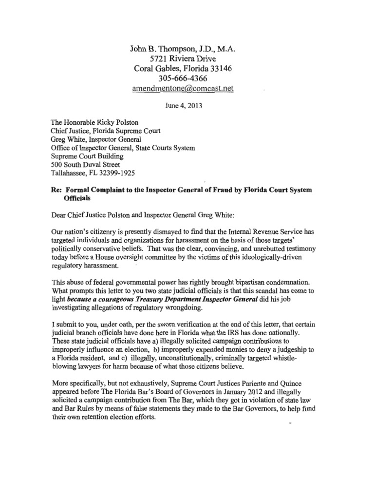 Fraud Complaint To Inspector General, Florida Courts, Jack Thompson ...