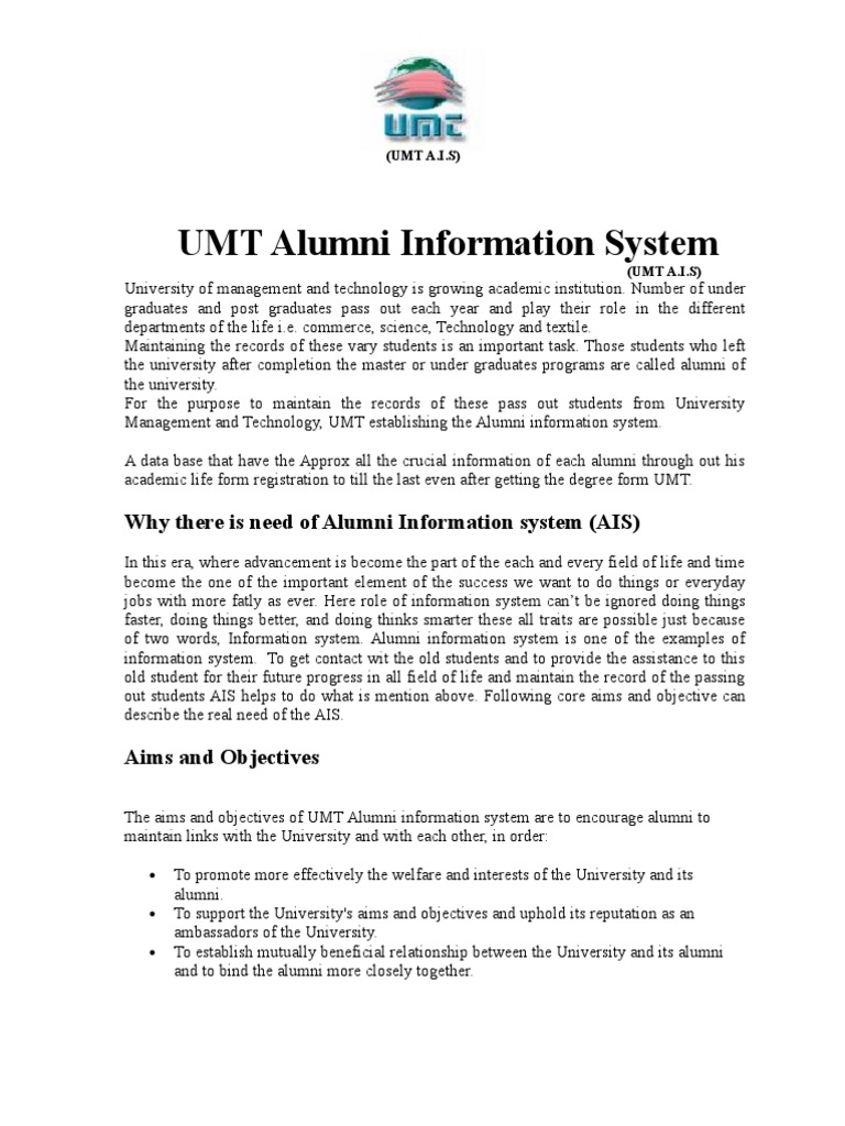 UMT Alumni Information System | PDF | University | Artificial Intelligence