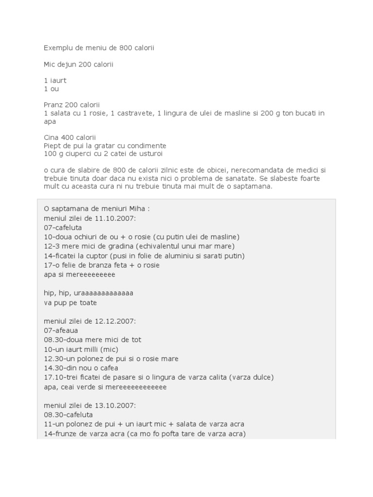 Exemplu de Meniu de 800 Calorii | PDF