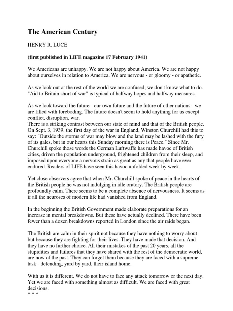 The American Century Henry Luce | PDF | Franklin D. Roosevelt | The ...