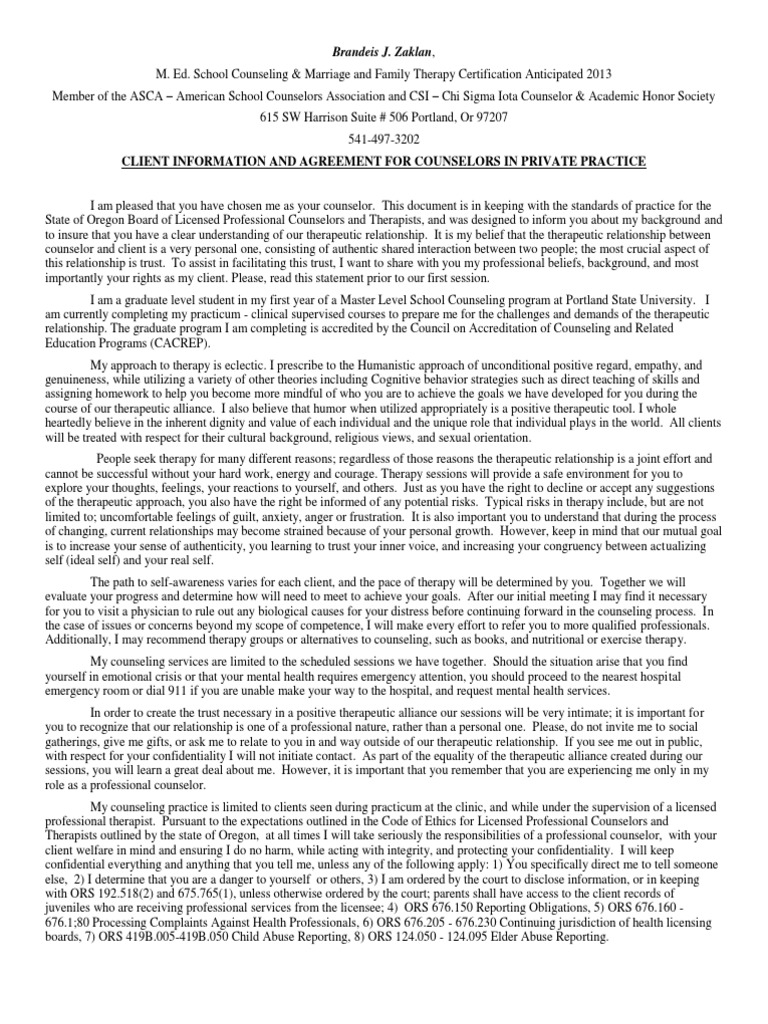 Disclosure Statement Final | PDF | School Counselor | Psychotherapy