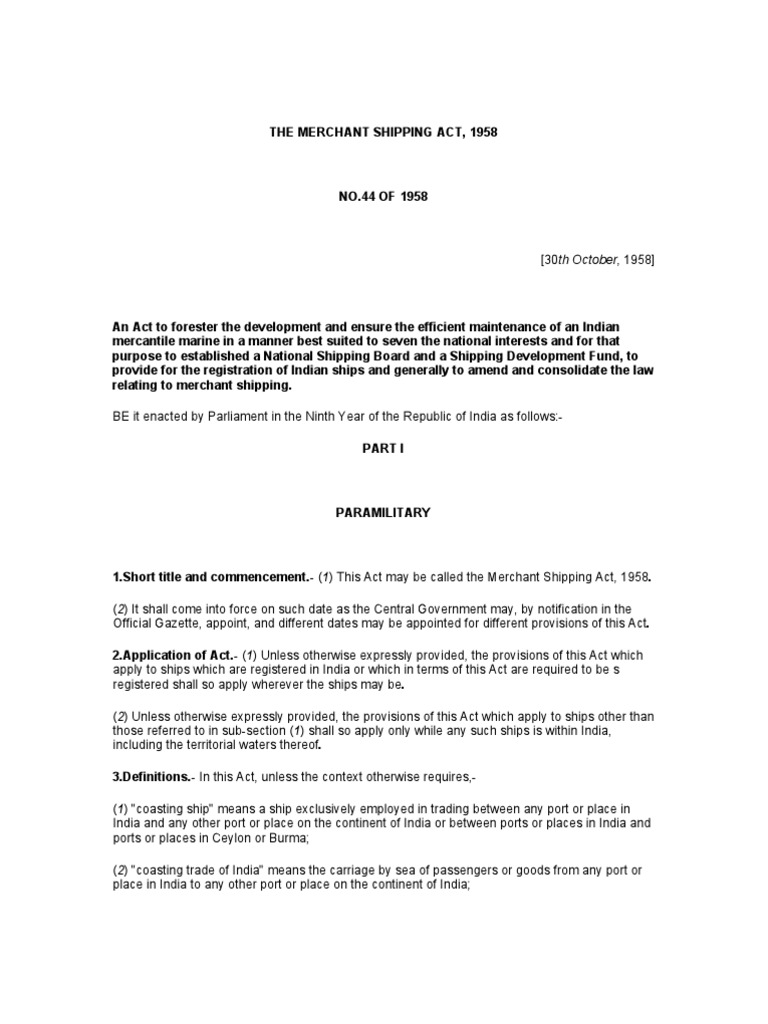 The Merchant Shipping Act, 1958 | PDF
