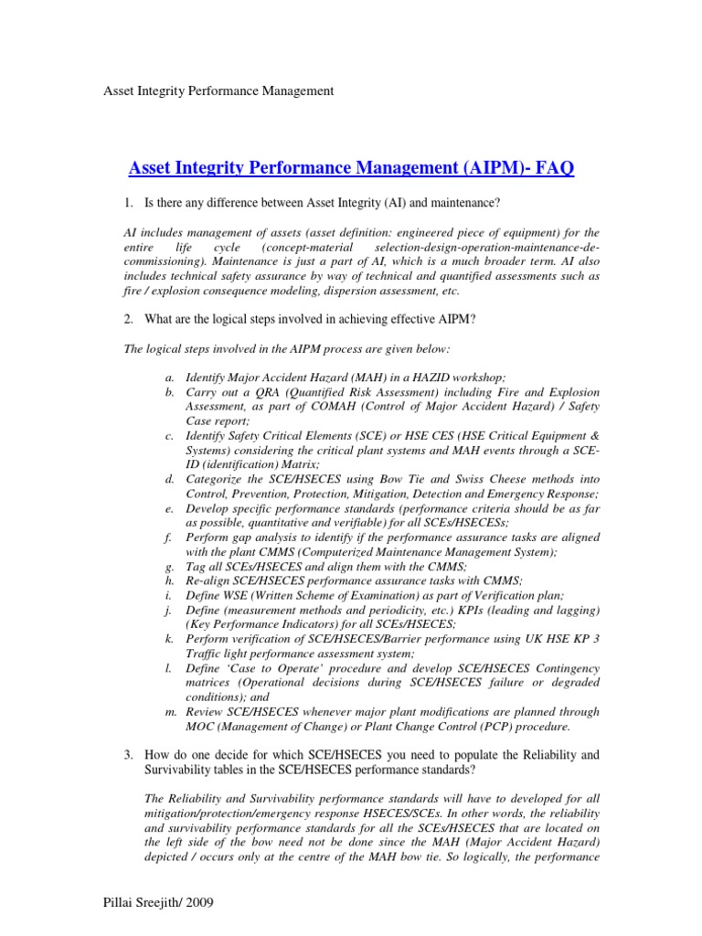 Asset Integrity Performance Management FAQ | PDF | Reliability ...