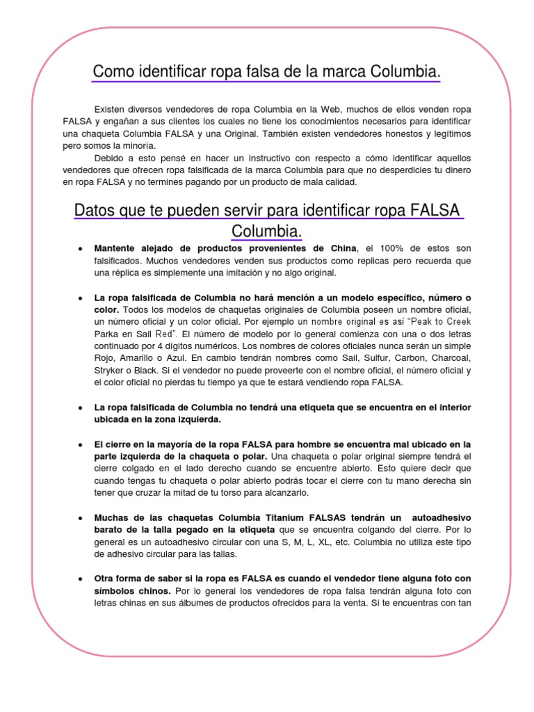 Como Identificar Ropa Falsa de La Marca Columbia. | PDF | Ocio
