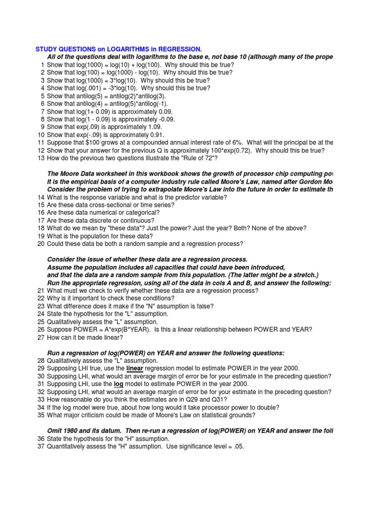 StudyQuestions Regression (Logarithms) | PDF | Regression Analysis | Logarithm