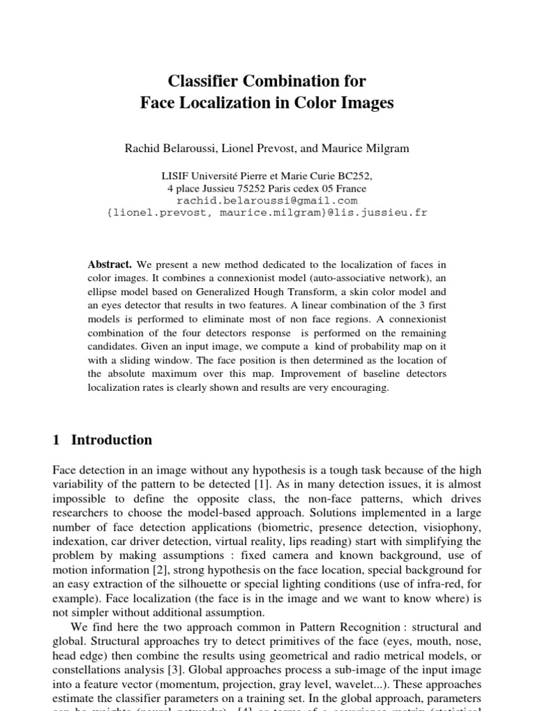 Classifier Combination For Face Localization in Color Images ICIAP 2005 | PDF | Artificial ...