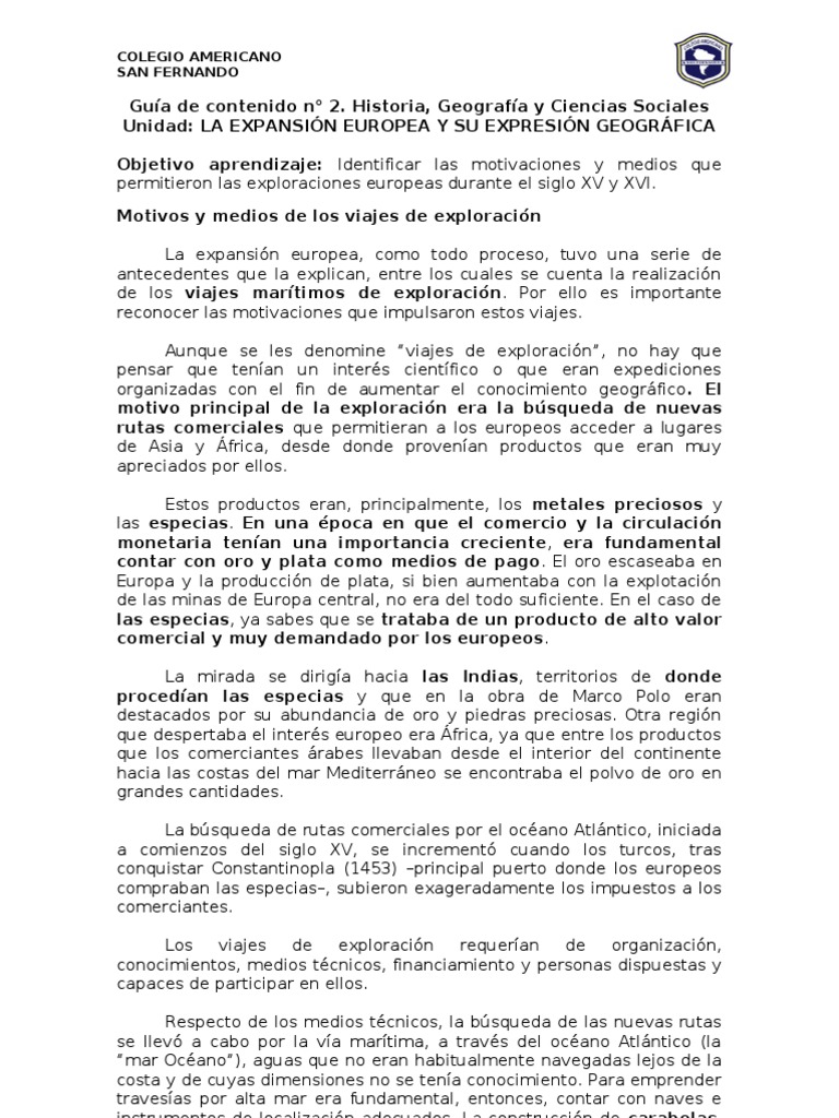Guía de Contenido N° 2 - Unidad La Expansión Europea y Su Expresión Geográfica - Octavo. | PDF ...