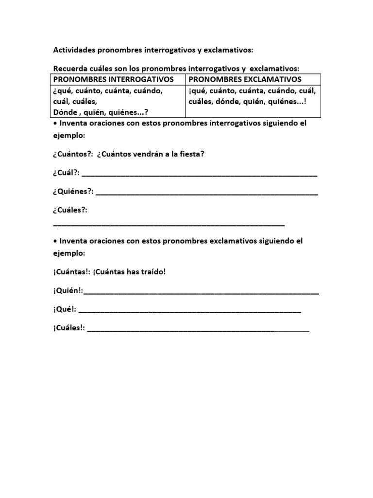 Hoja De Trabajo De Pronombres Interrogativos