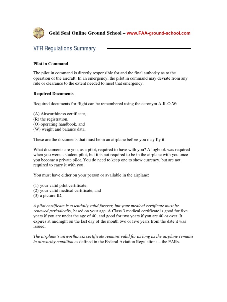 VFR Flight Regulations Overview | PDF