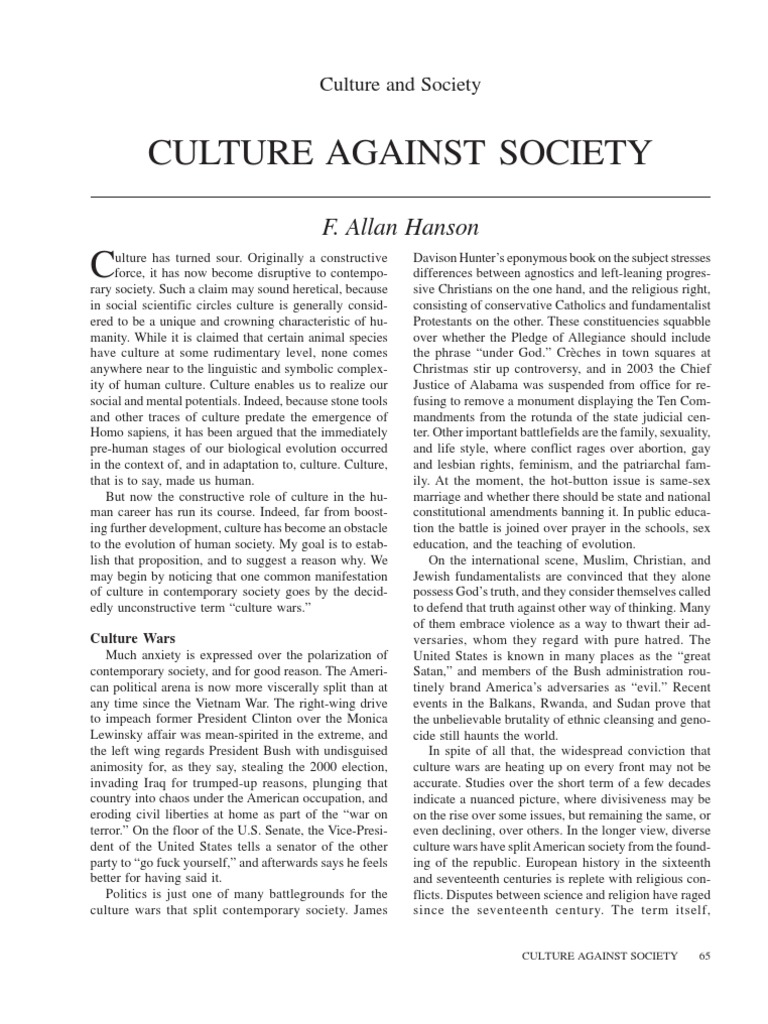 Culture Against Society: F. Allan Hanson | PDF | Culture War | Society