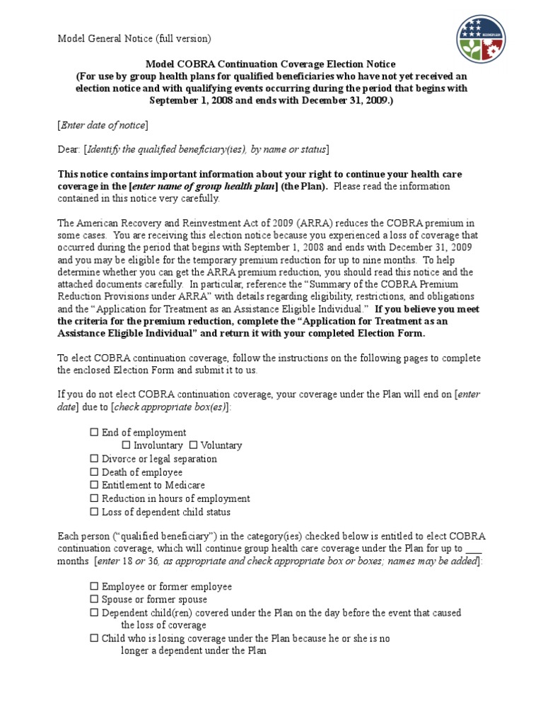 COBRA Continuation Coverage Election Notice | PDF | Consolidated ...
