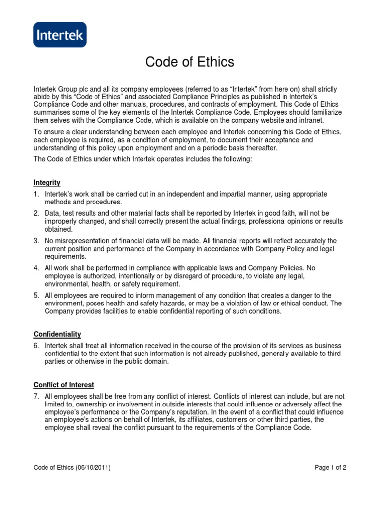 Intertek Code of Ethics | PDF | Confidentiality | Employment