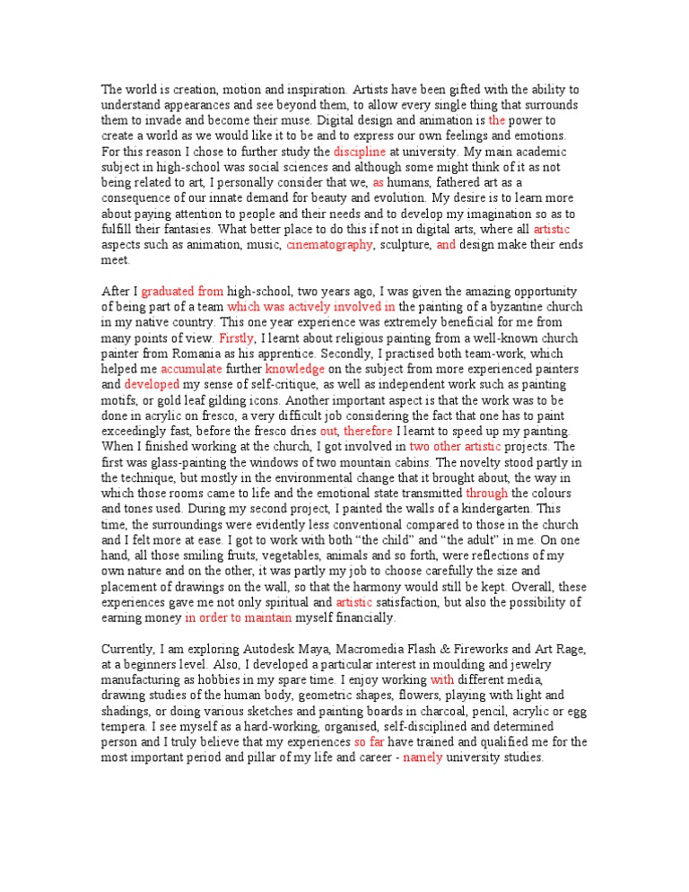 Personal Statement Sample For Digital Arts | PDF | Paintings | Emotions