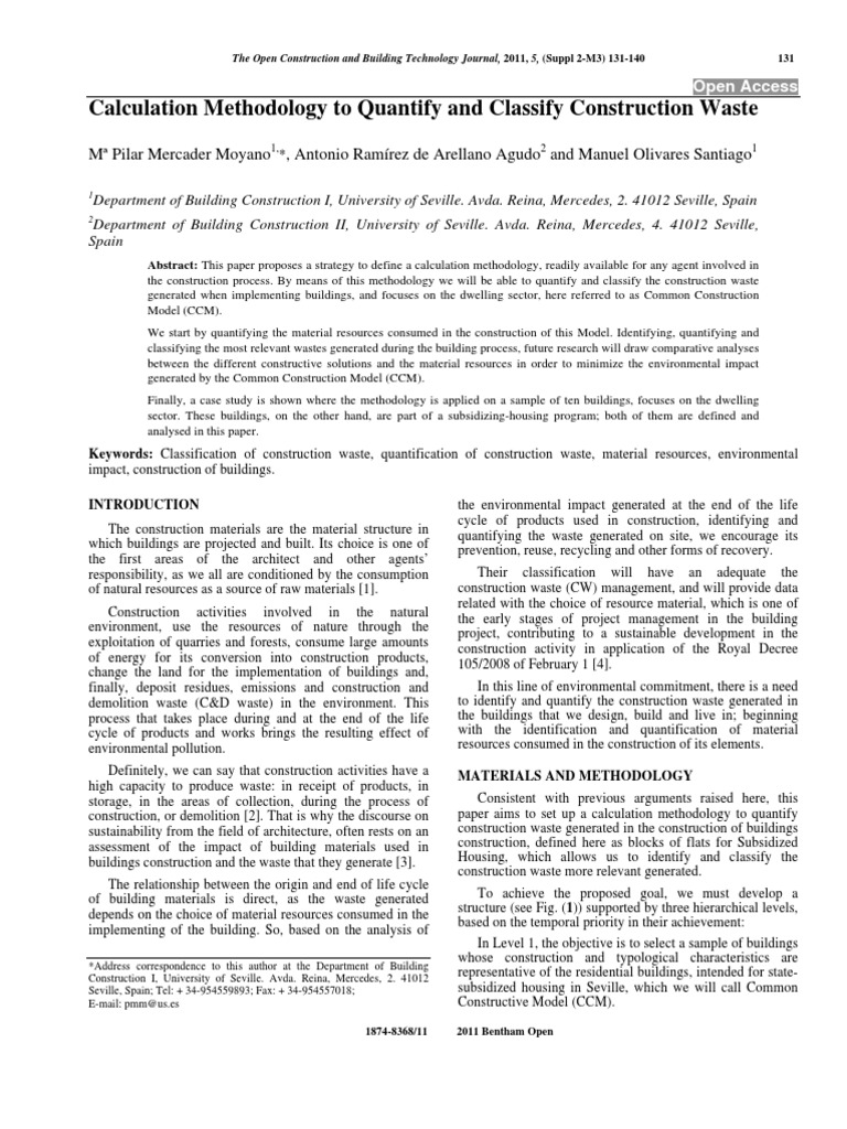 Calculation Methodology To Quantify and Classify Construction Waste ...