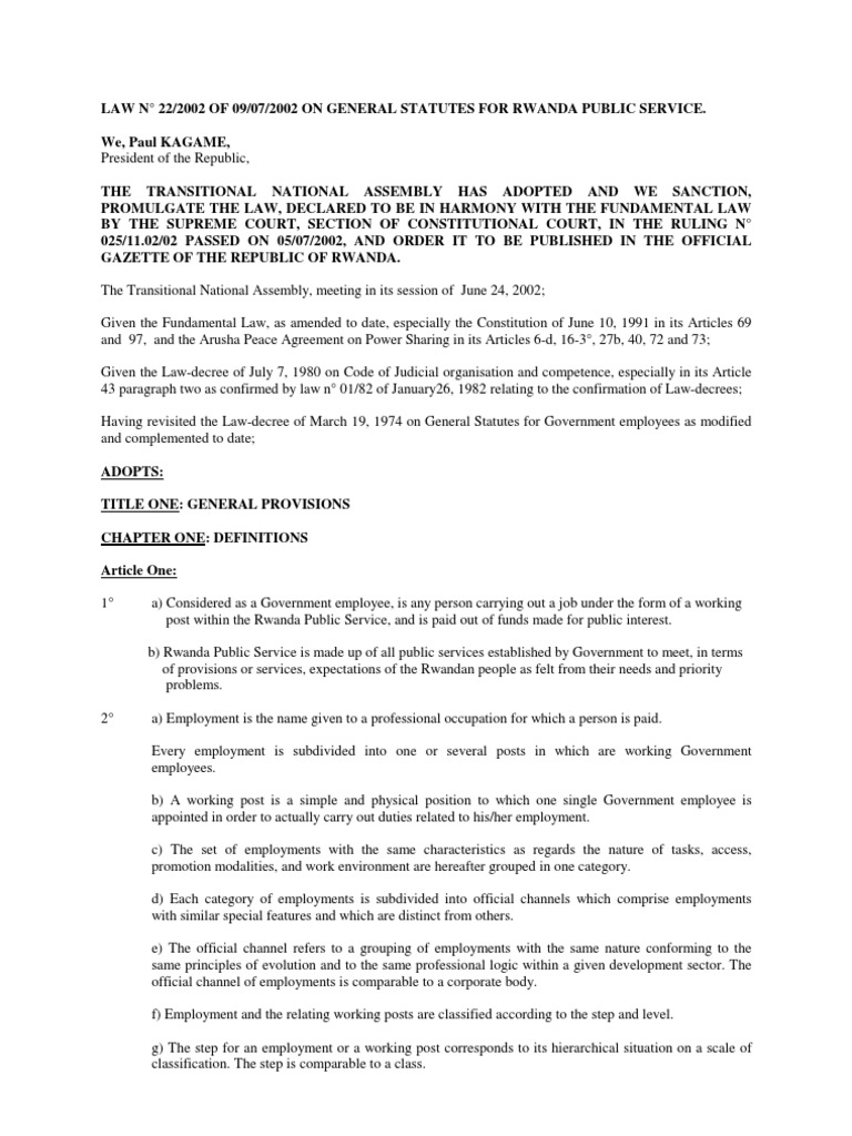General Statutes For Rwanda Public Service | PDF | Employment | Retirement