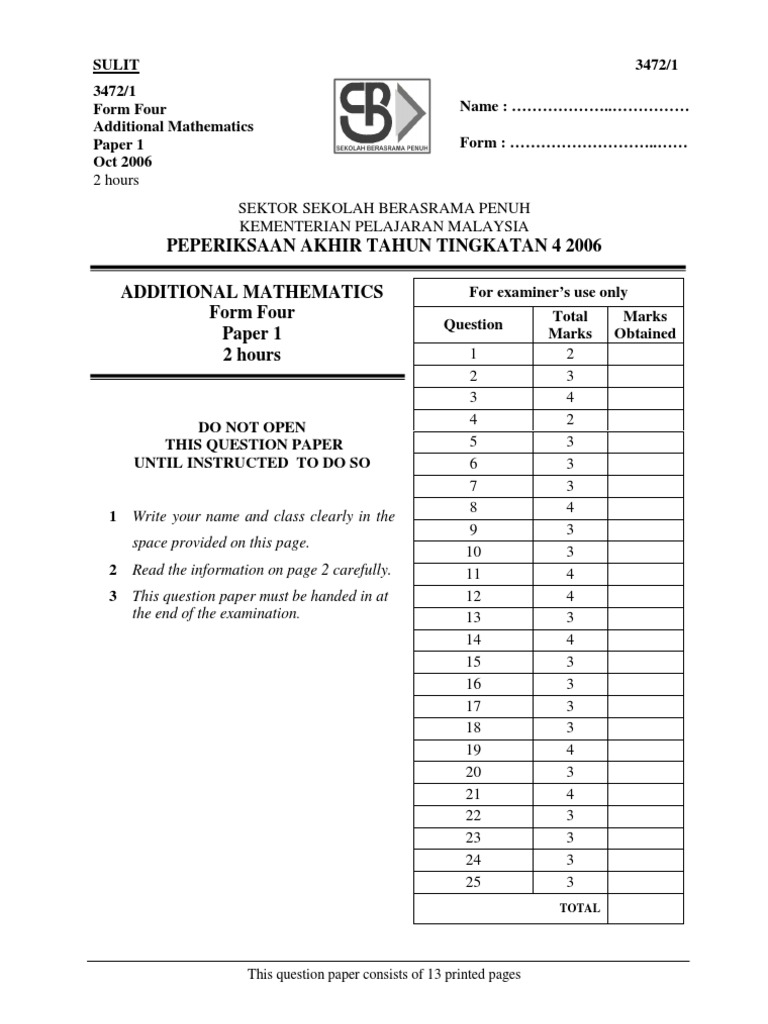 Add. Maths Paper 1 SBP Form 4 Akhir 06 | PDF | Logarithm | Geometry