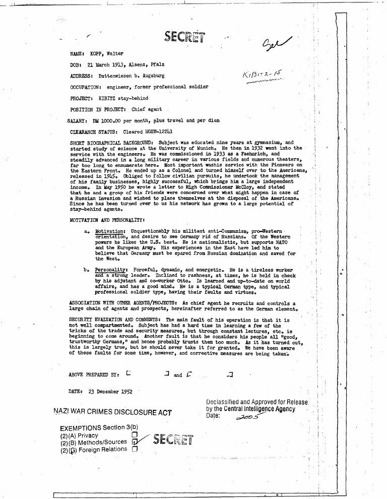 Declassified CIA Document - Walter Kopp (Undated) | International ...