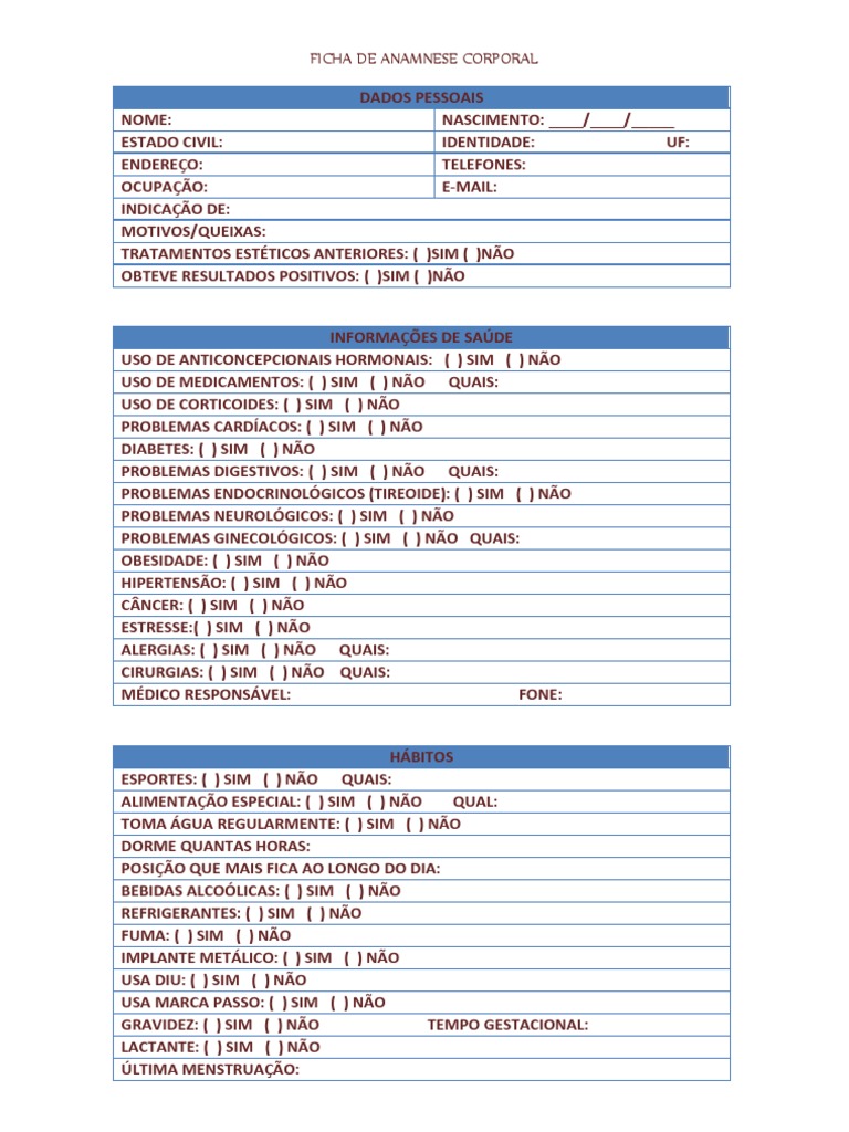 Ficha de Anamnese Corporal | PDF | Bem-estar