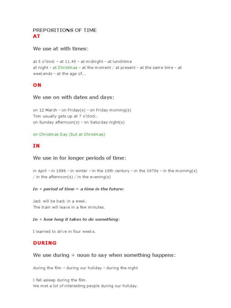Prepositions of Time Guide | PDF