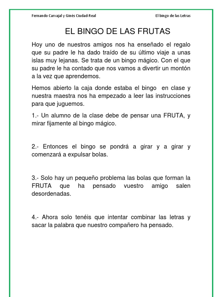 Bingo Mágico de Frutas para Aprender | PDF