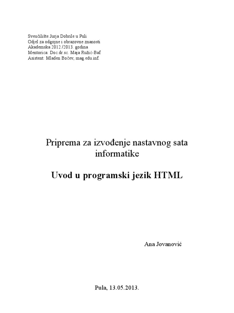 Priprema Za Izvođenje Nastavnog Sata Informatike Uvod U Programski ...