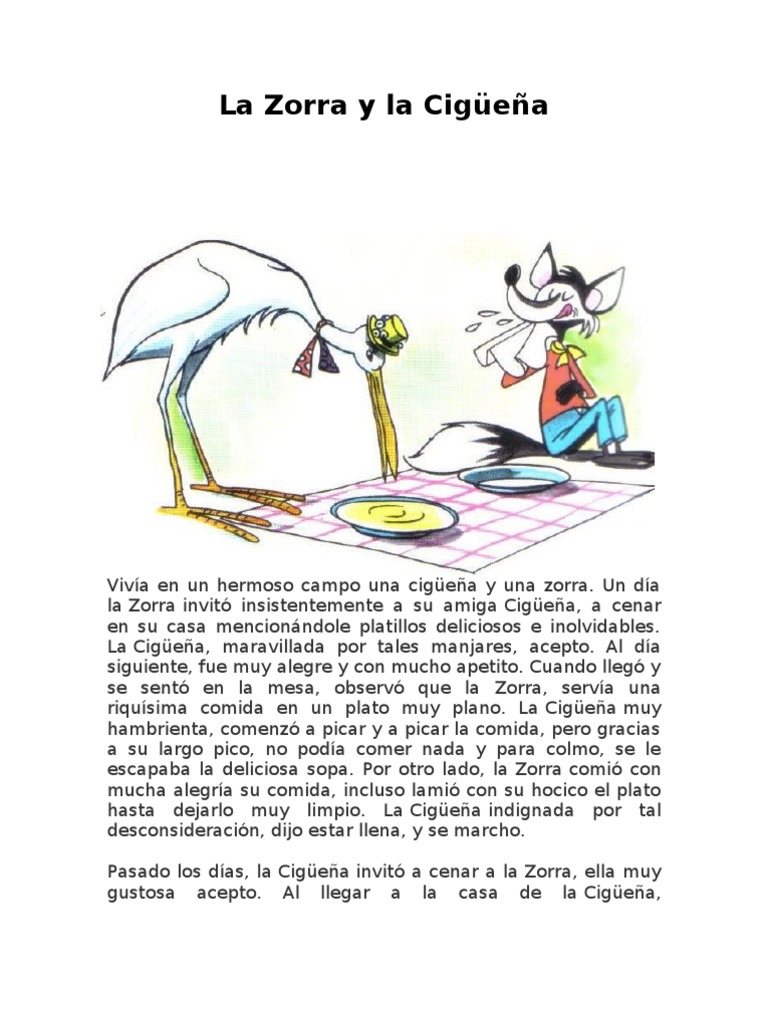 La Zorra y la Cigüeña: Moraleja y Actividades | PDF