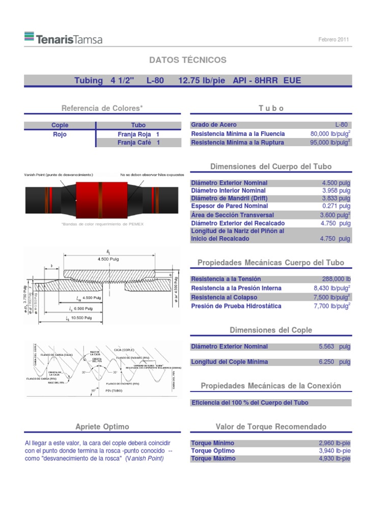 Tubing 4 1/2" L-80 12.75 Lb/pie API - 8HRR EUE: Datos Técnicos | PDF