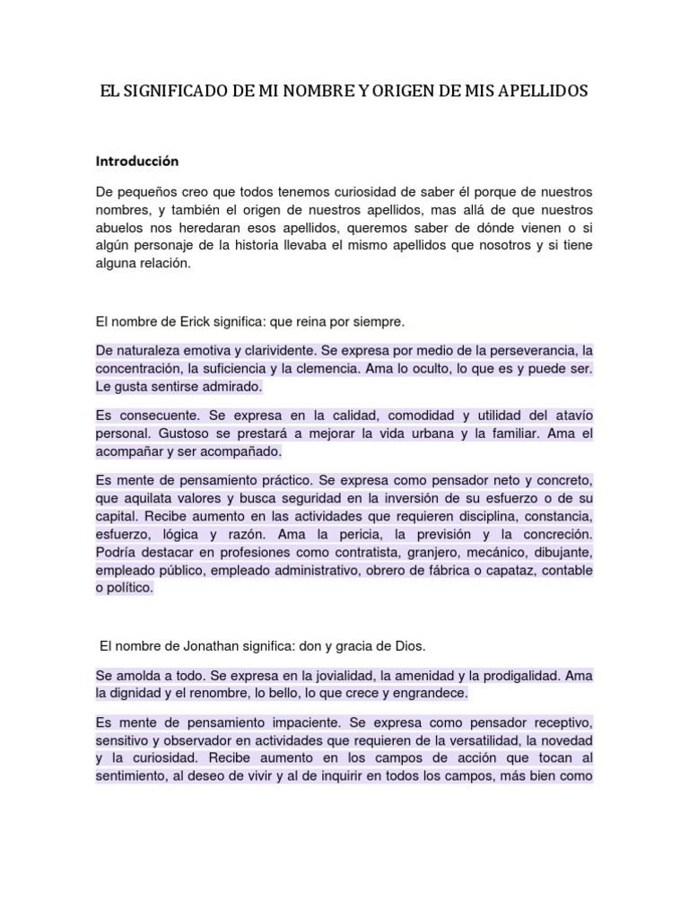 El Significado de Mi Nombre y Origen de Mis Apellidos | PDF | Apellido ...