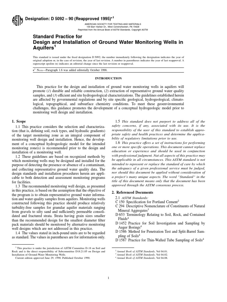 D5092 - Design and Installation of Ground Water Monitoring Wells in ...