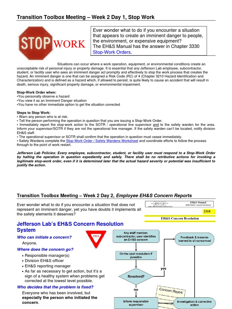 Transition Toolbox Meeting - Week 2 Day 1, Stop Work Order | PDF ...