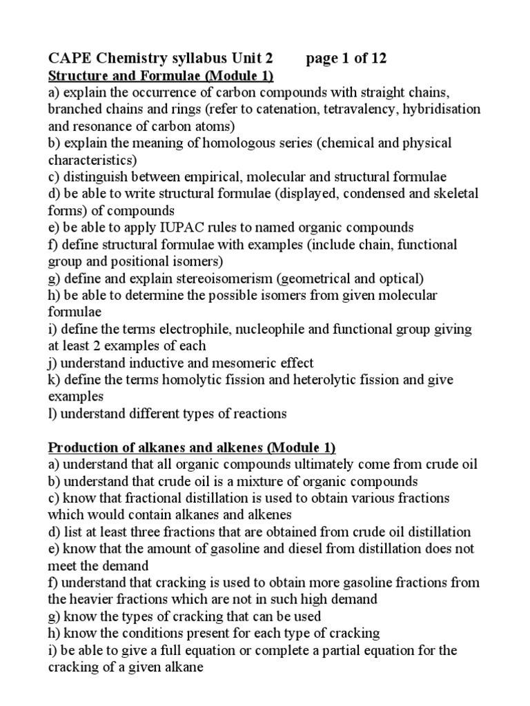 CAPE Chemistry Syllabus Unit 2 Page 1 of 12: Structure and Formulae ...