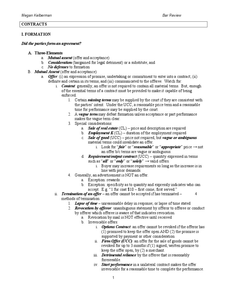 MBE Contracts Outline and Analysis | PDF | Assignment (Law) | Implied ...