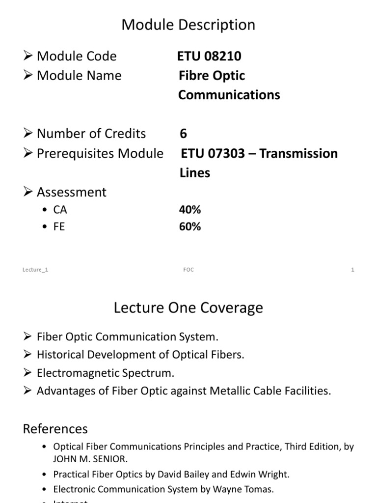 Lecture 1 2012 13 | PDF | Communications System | Optical Fiber